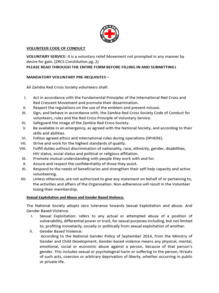 Zambia Red Cross Volunteer Code of Conduct | PDF | Domestic Violence ...
