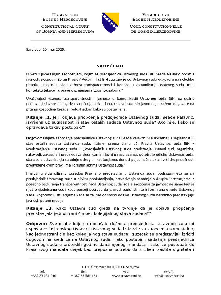 Saopcenje-Ustavni Sud Bosne I Hercegovine 20-5-25 | PDF