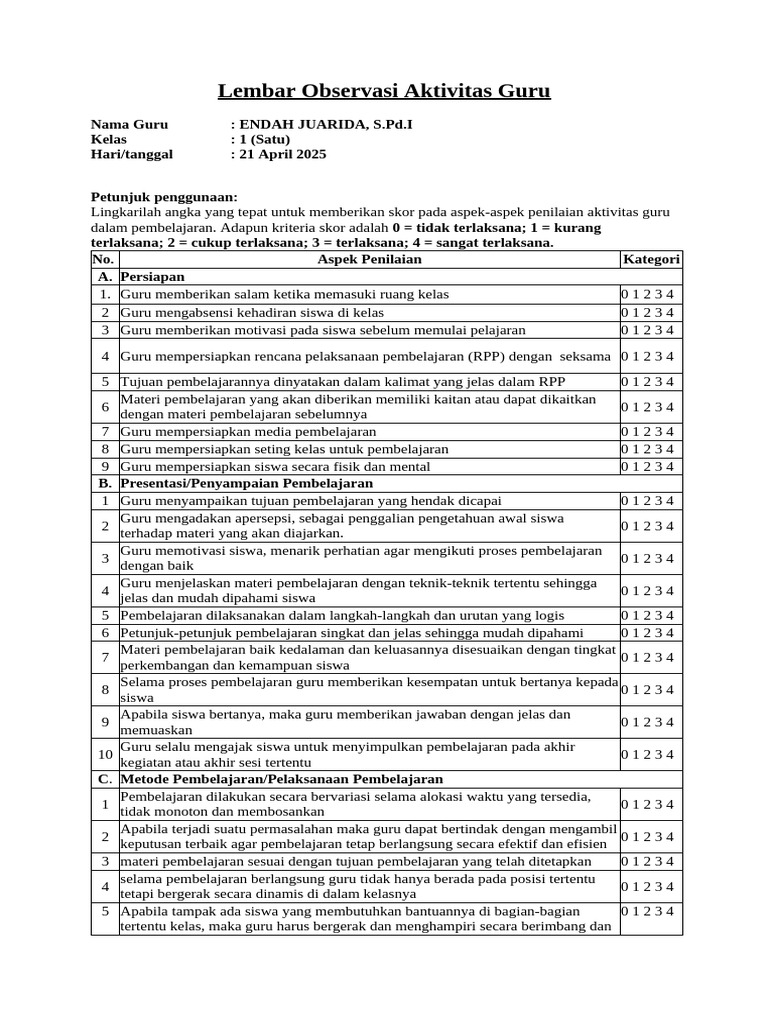 Lembar Observasi Guru | PDF