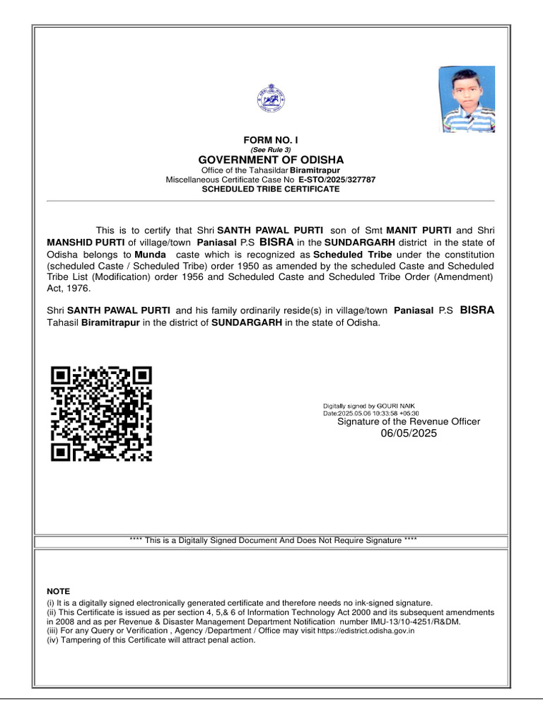 Schedule Tribe Certificate | PDF