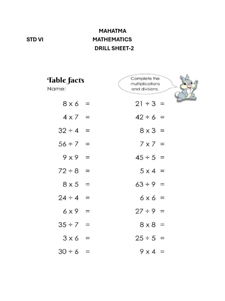 Mahatma STD Vi Mathematics Drill Sheet-2 | PDF