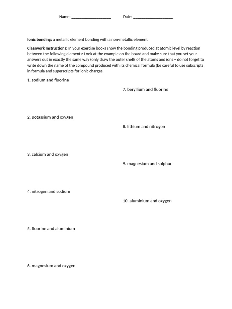 Ionic Bonding Classwork Instructions | PDF