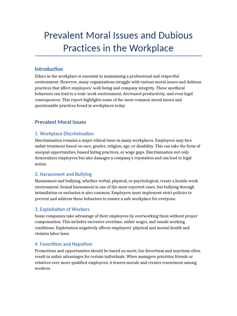 Prevalent Moral Issues and Dubious Practices in The Workplace | PDF ...