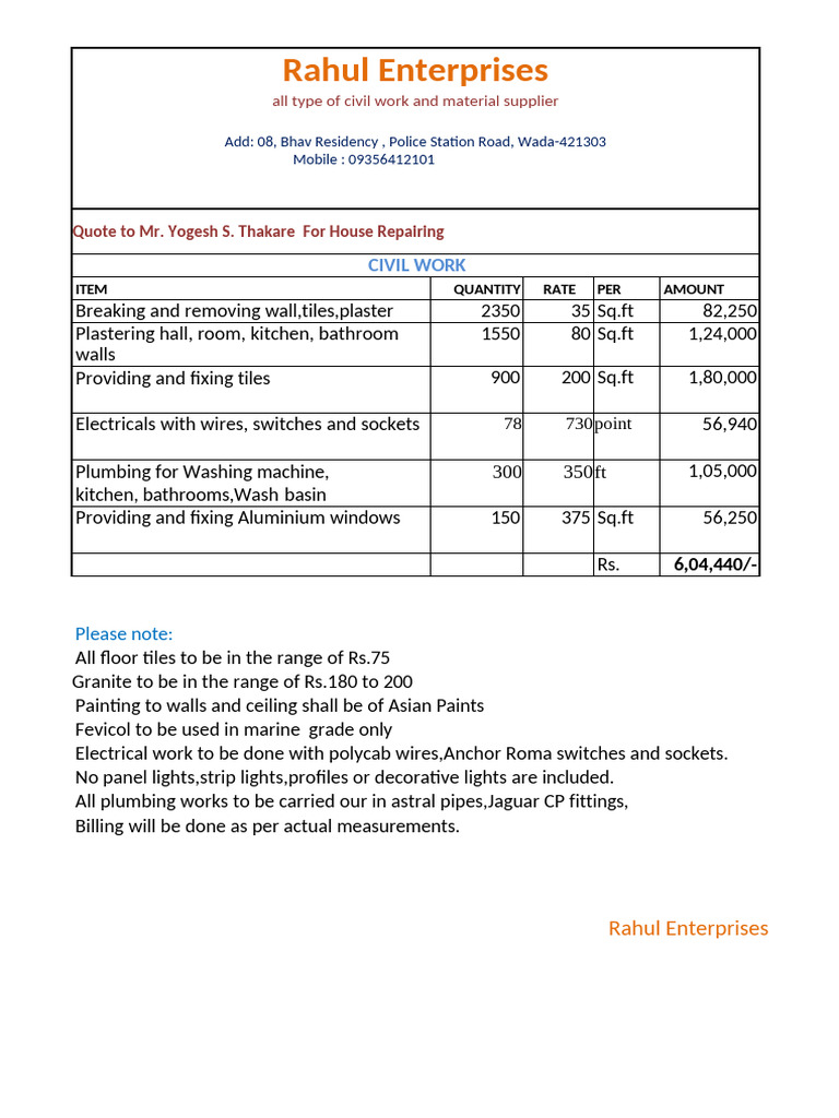 Comprehensive Civil Work Quote | PDF
