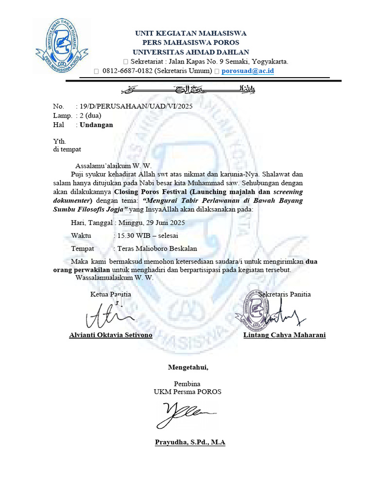 Surat Undangan Ormawa UAD | PDF