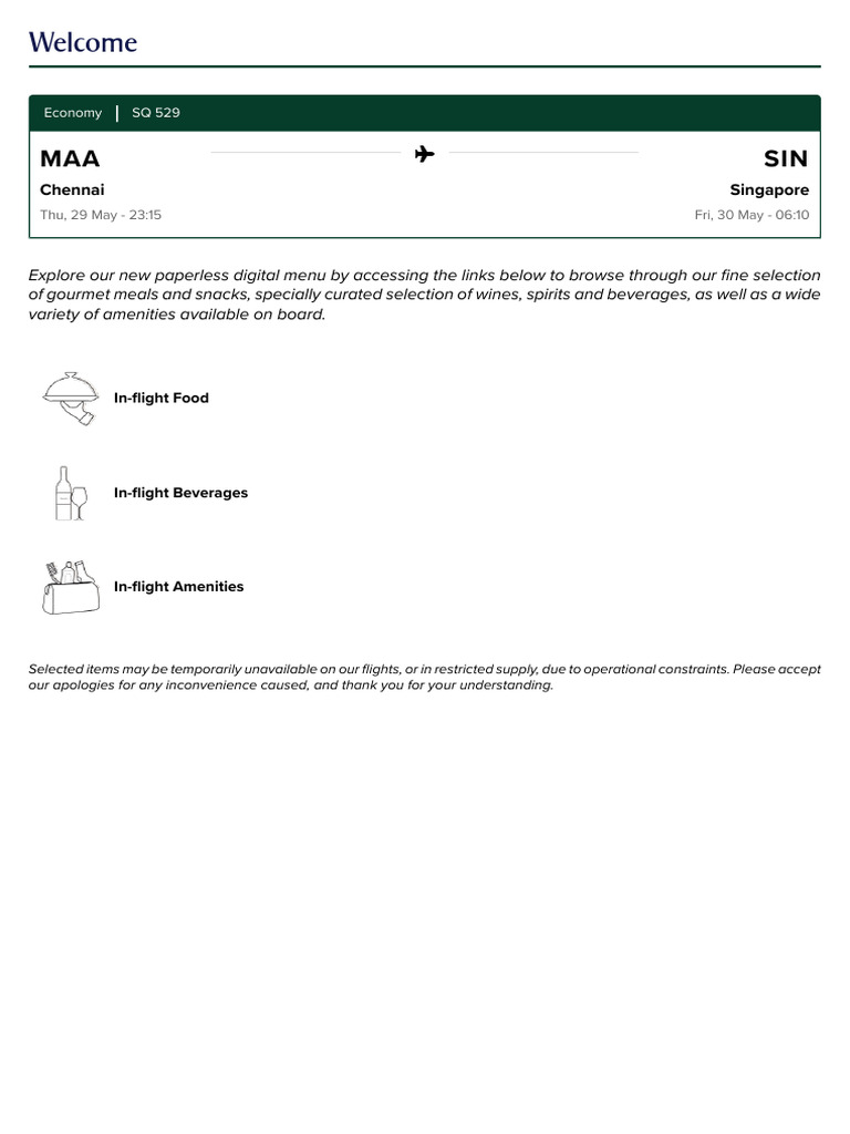 SQ 529 In-Flight Menu Overview | PDF | Drink | Meal