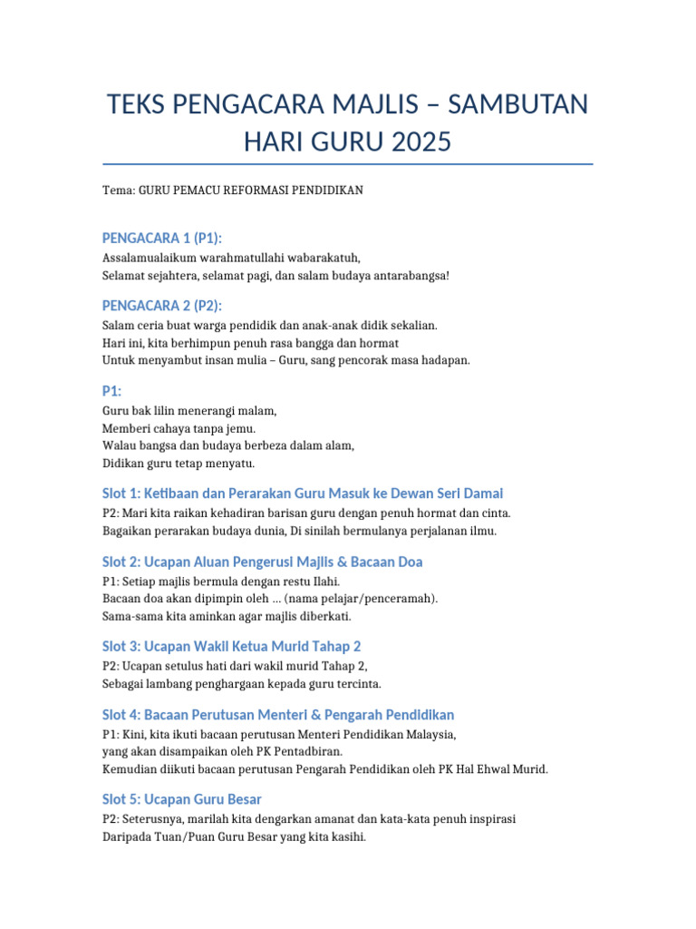 Teks Pengacara Majlis Hari Guru 2025 | PDF