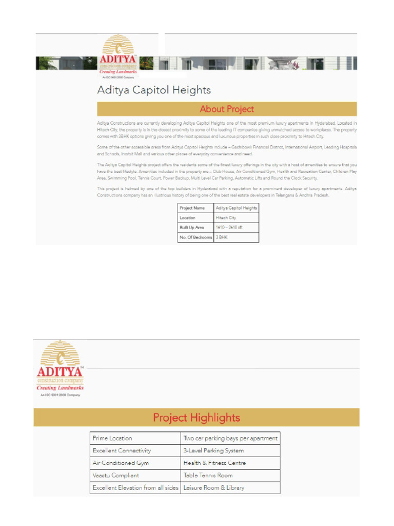 Aditya Capitol Heights Brochure | PDF