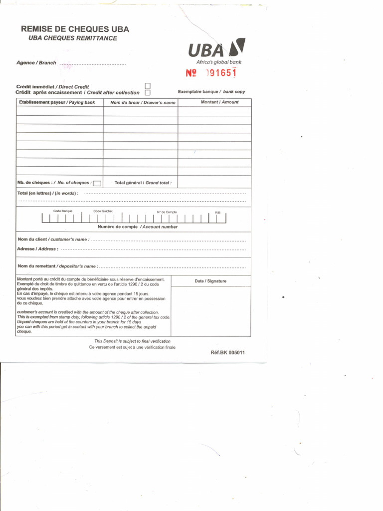 UBA Cheques Remittance | PDF