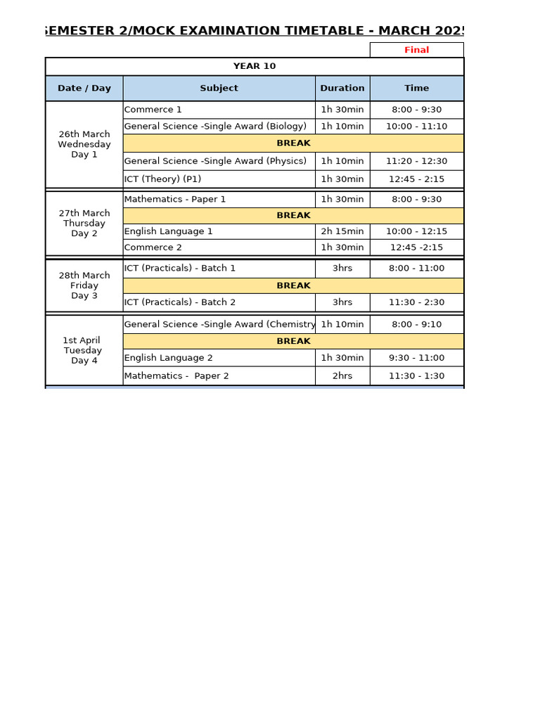 Year 10 To 13 Semester 2 - Mock Timetable - March 2025 (Final) | PDF ...