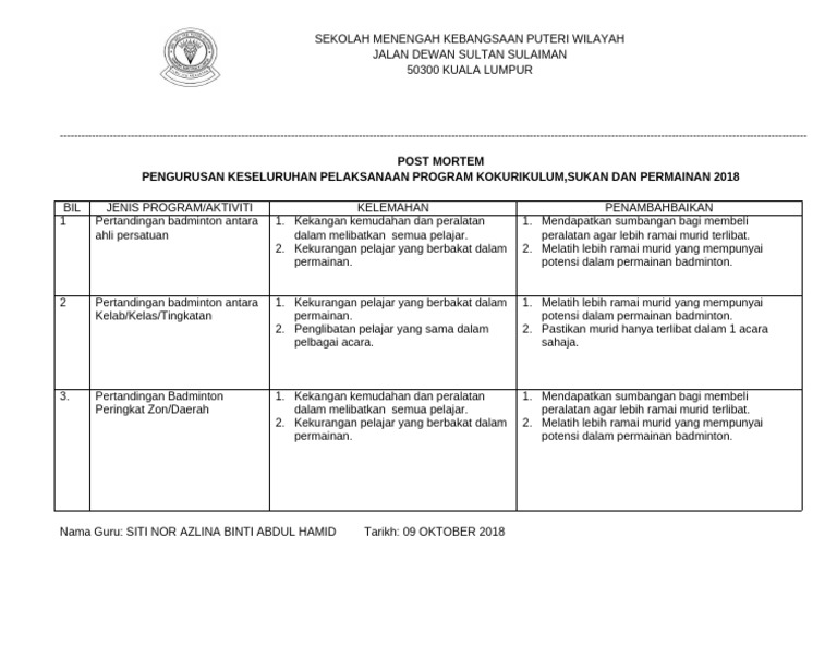 Borang Post Mortem Koko (2) | PDF