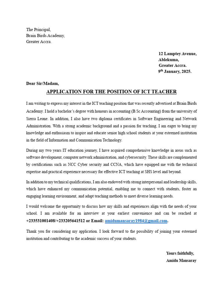 Application for ICT Teacher Position | PDF