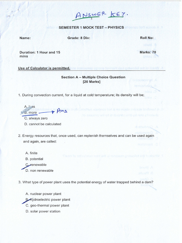 Grade 8 Physics Semester 1 Mock Test | PDF