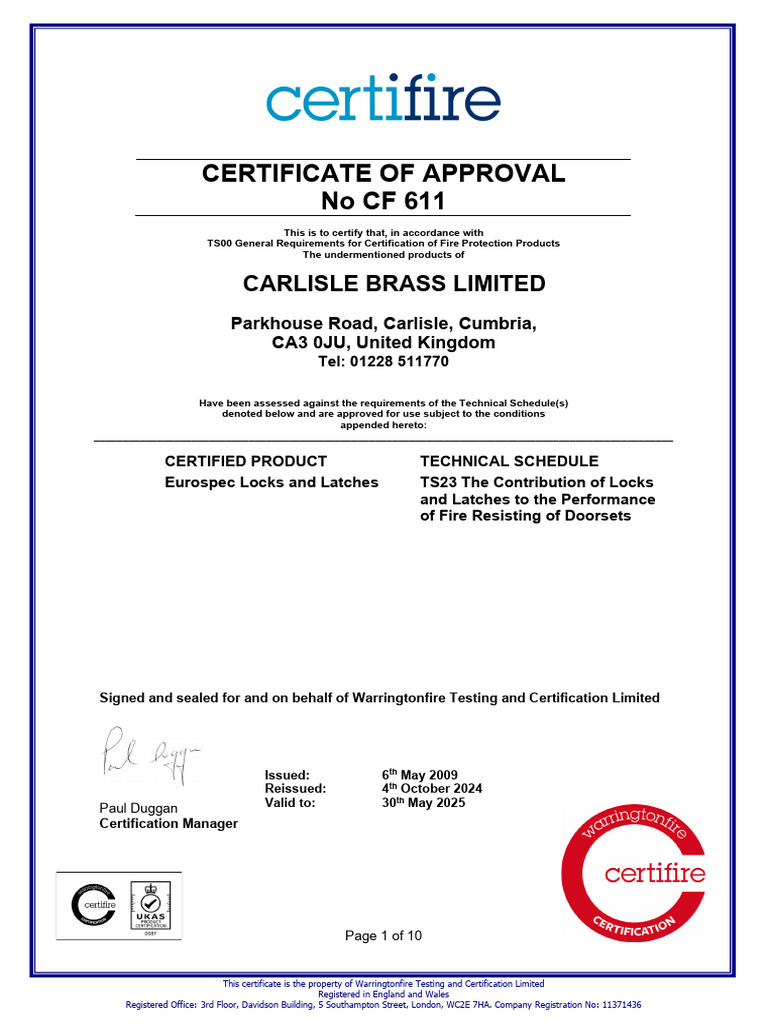 Certifire Certificate CF611 Exp 30-05-2025 | PDF
