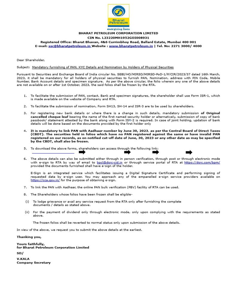Intimation Sent To Physical Shareholders For KYC Updation and Other ...