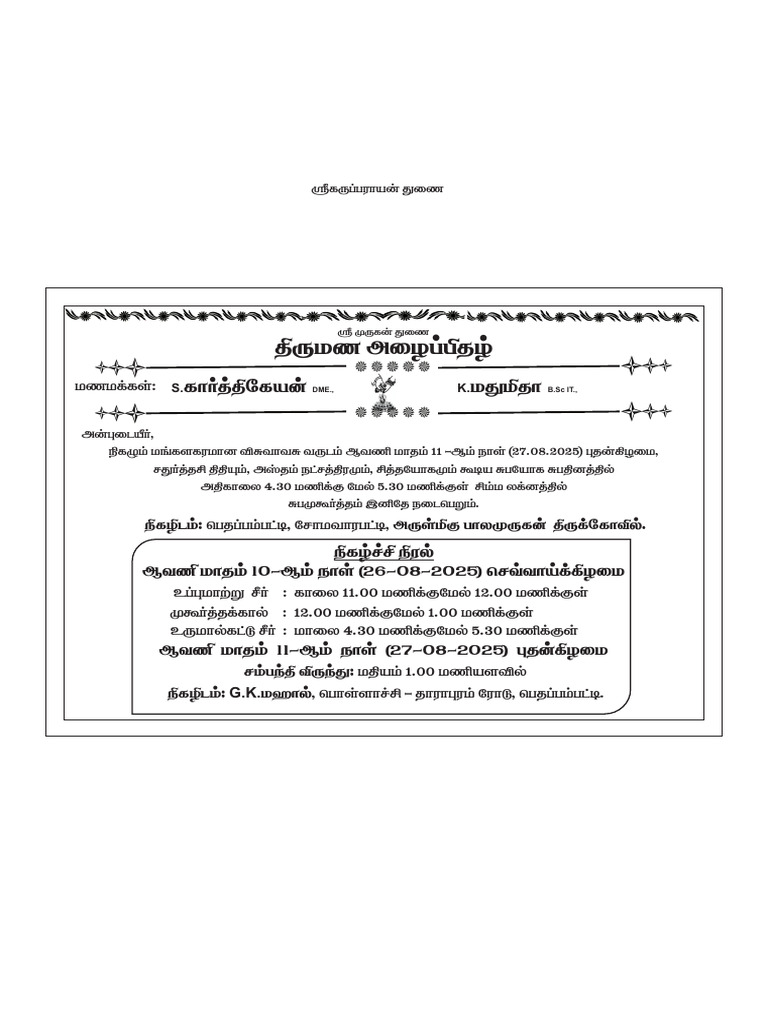 Karthikeyan - Madhumitha Marriage Invitation | PDF