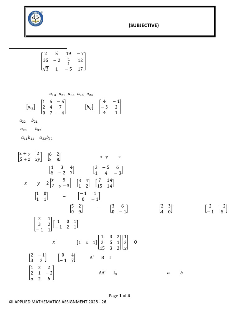 Class XII Applied Mathematics Unit - 2 Algebra SUBJECTIVE Worksheet (2025 - 26) | PDF | Matrix ...