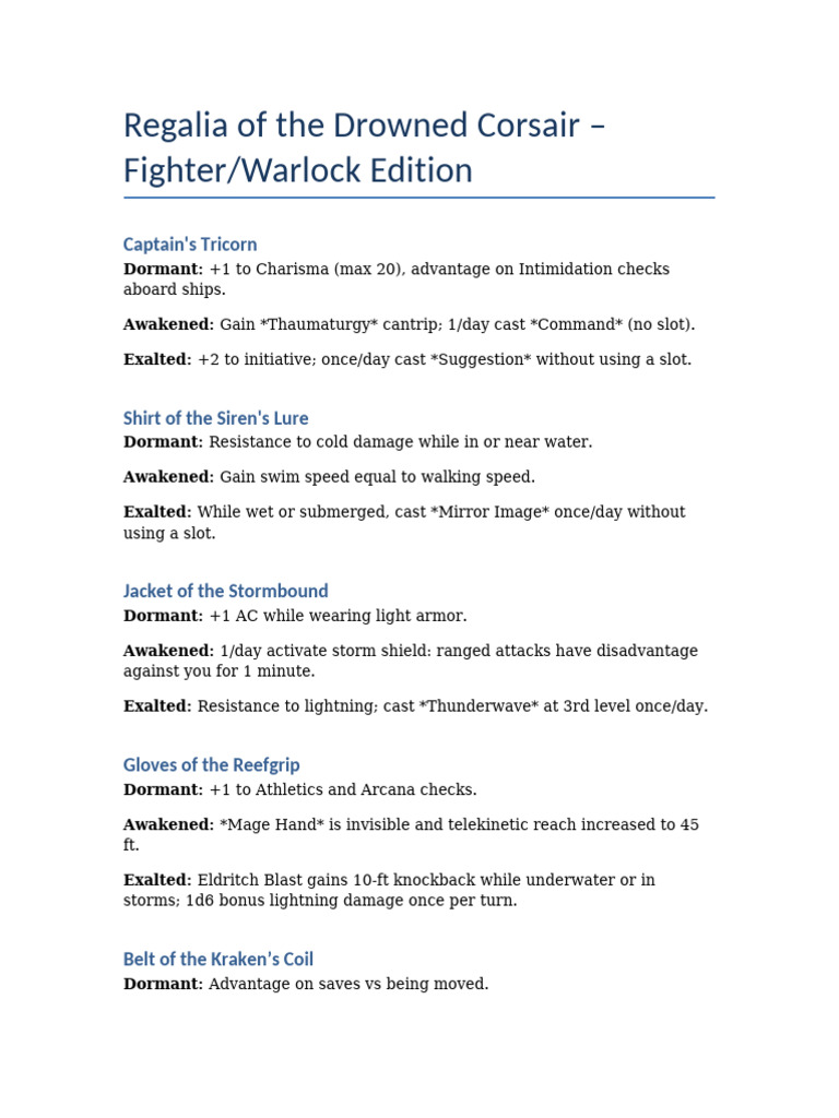 Regalia Fighter Warlock Edition Roll20 Handout | PDF