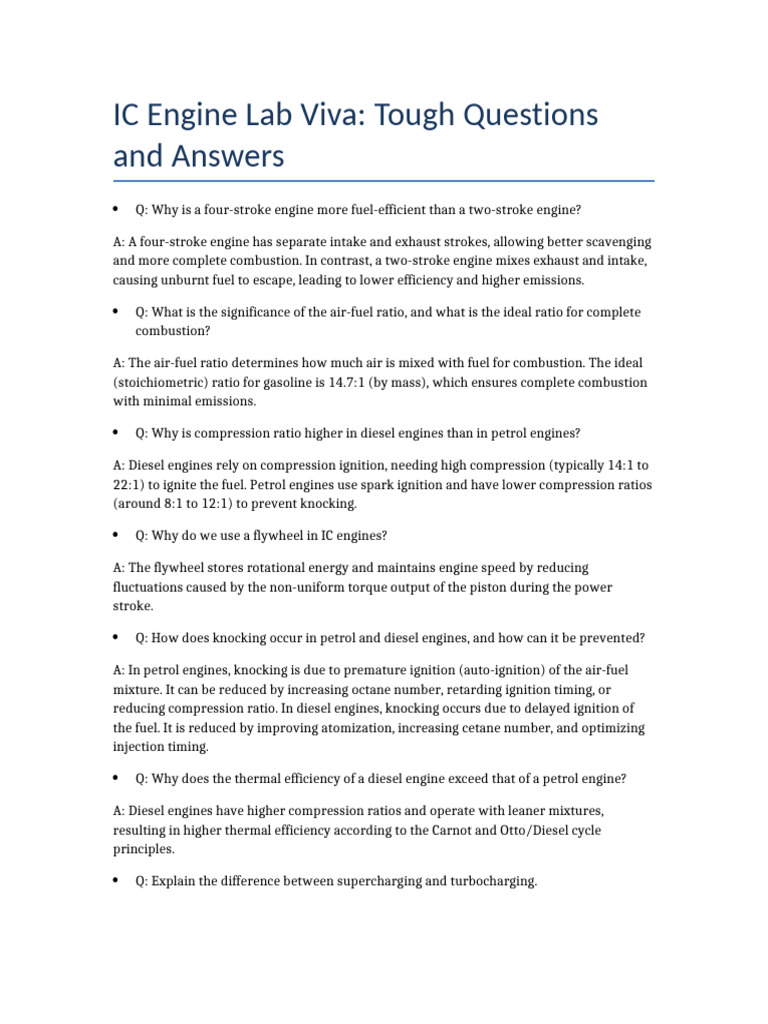 IC Engine Lab Viva Questions | PDF | Internal Combustion Engine ...