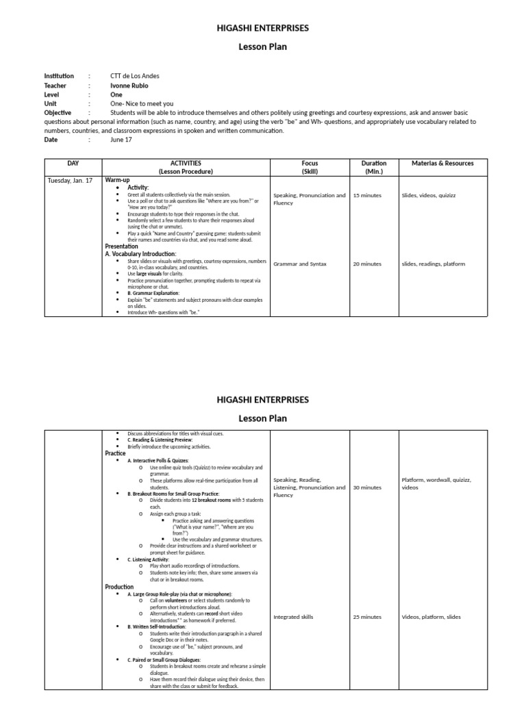 Lesson Plan Unit 1 - Nice To Meet You | PDF | Lesson Plan | Cognitive ...