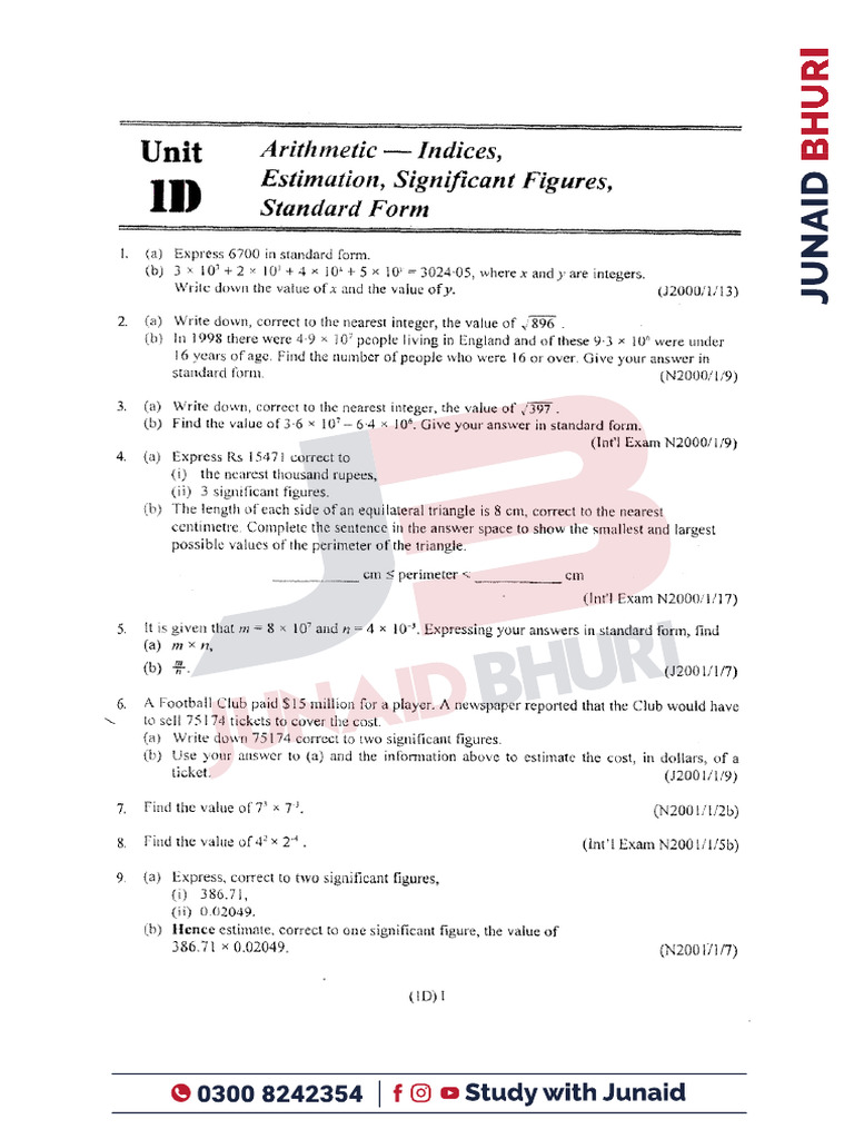 1D Indices, Estimation Significant Figures and Standard Form | PDF