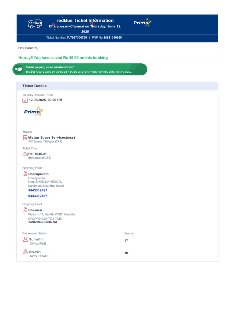 Redbus Ticket Information: Hurray!! You Have Saved Rs 49.90 On This Booking | PDF | Bus
