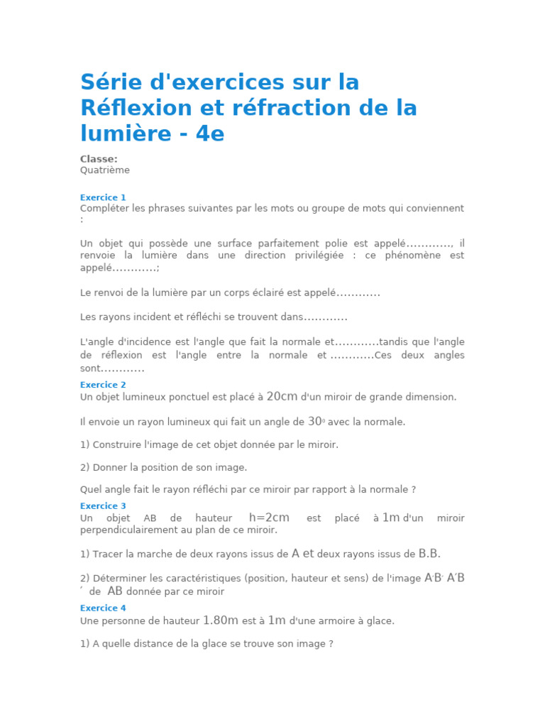 Exercices sur la réflexion de la lumière | PDF