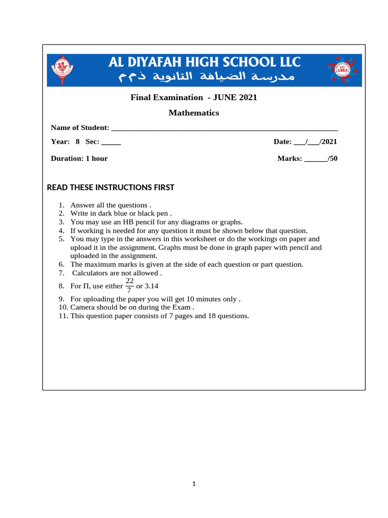 Yr 8 Term 3 Exam JUNE 2021 Modified Answer | PDF | Circle | Mathematics