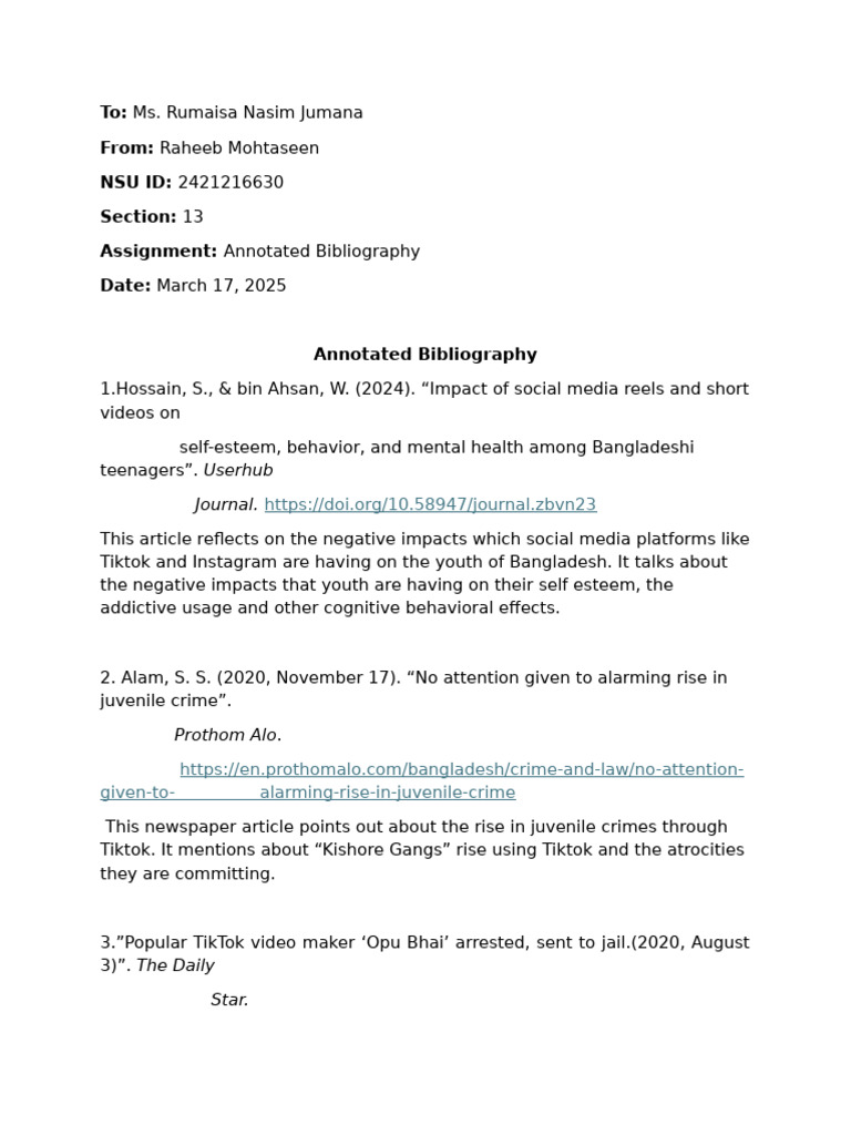 Annotated Bibliography Assignment | PDF | Adolescence | Psychology