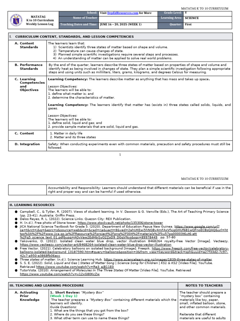 DLL Matatag - Science 5 Q1 W1 | PDF | Matter | Gases