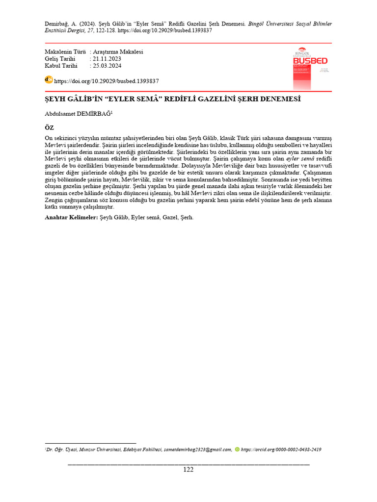 Abdulsamet Demirbağ Şeyh Galib Eyler Sema Gazel Şerhi | PDF