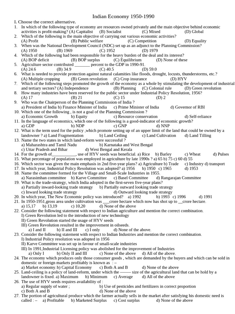 Indian Economy 1950-1990 | PDF | Tariff | Green Revolution