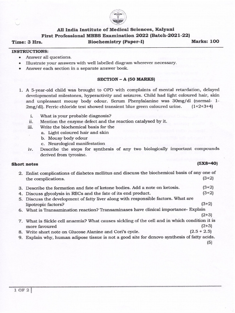 1st MBBS PROF Biochemistry Paper 1 2022 | PDF