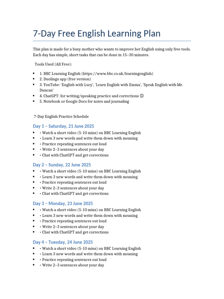 7-Day English Learning Plan | PDF