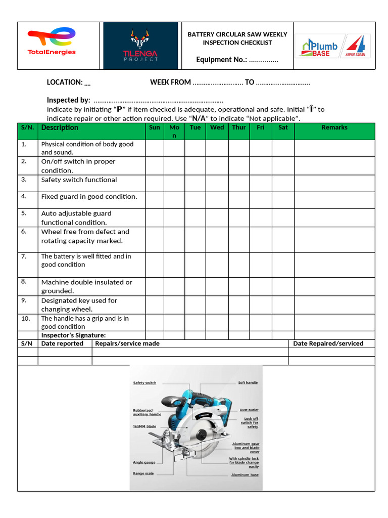 Checklist For Battery Circular Saw | PDF
