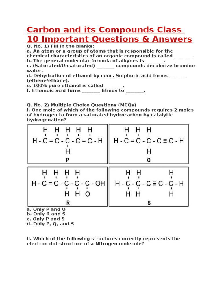 Class 10 Carbon Compounds Q&A Guide | PDF | Hydrocarbons | Chemical ...