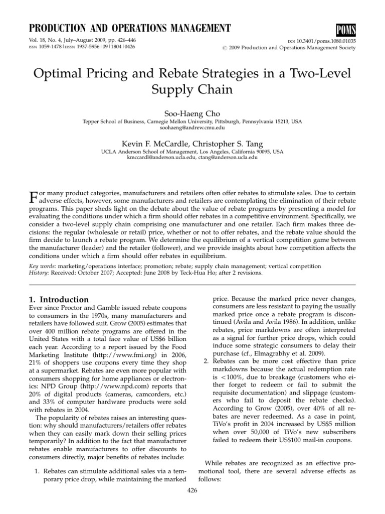 Cho Et Al 2009 Optimal Pricing and Rebate Strategies in A Two Level Supply Chain | PDF | Rebate ...