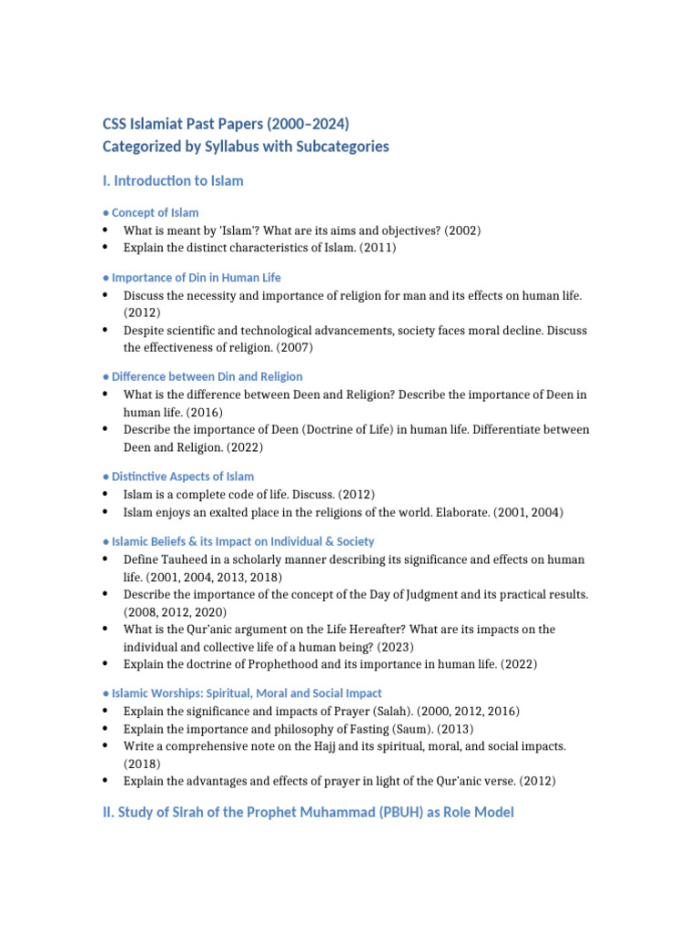 CSS Islamiat Past Papers Structured Subcategories | PDF | Muhammad | Quran