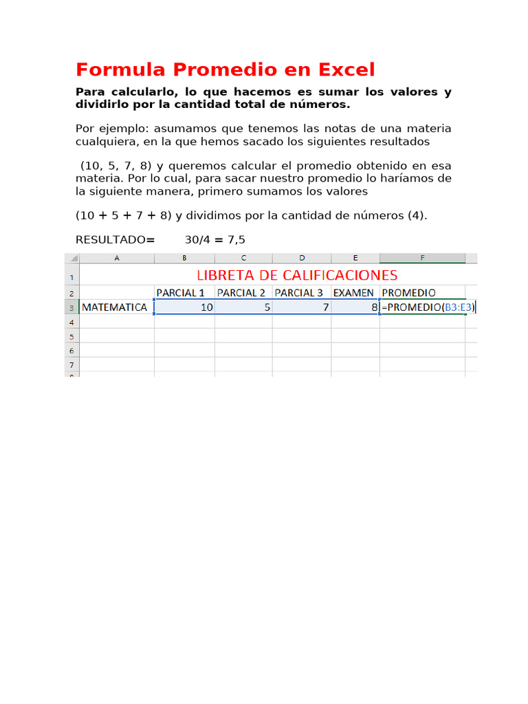 Formula Promedio en Excel | PDF