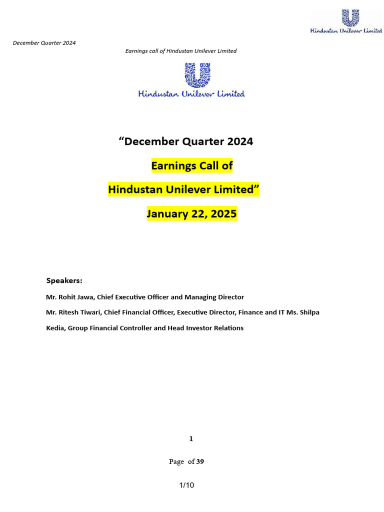 HUL Concall Jan 2025 Part 1 1742033820 | PDF | Brand | Inflation