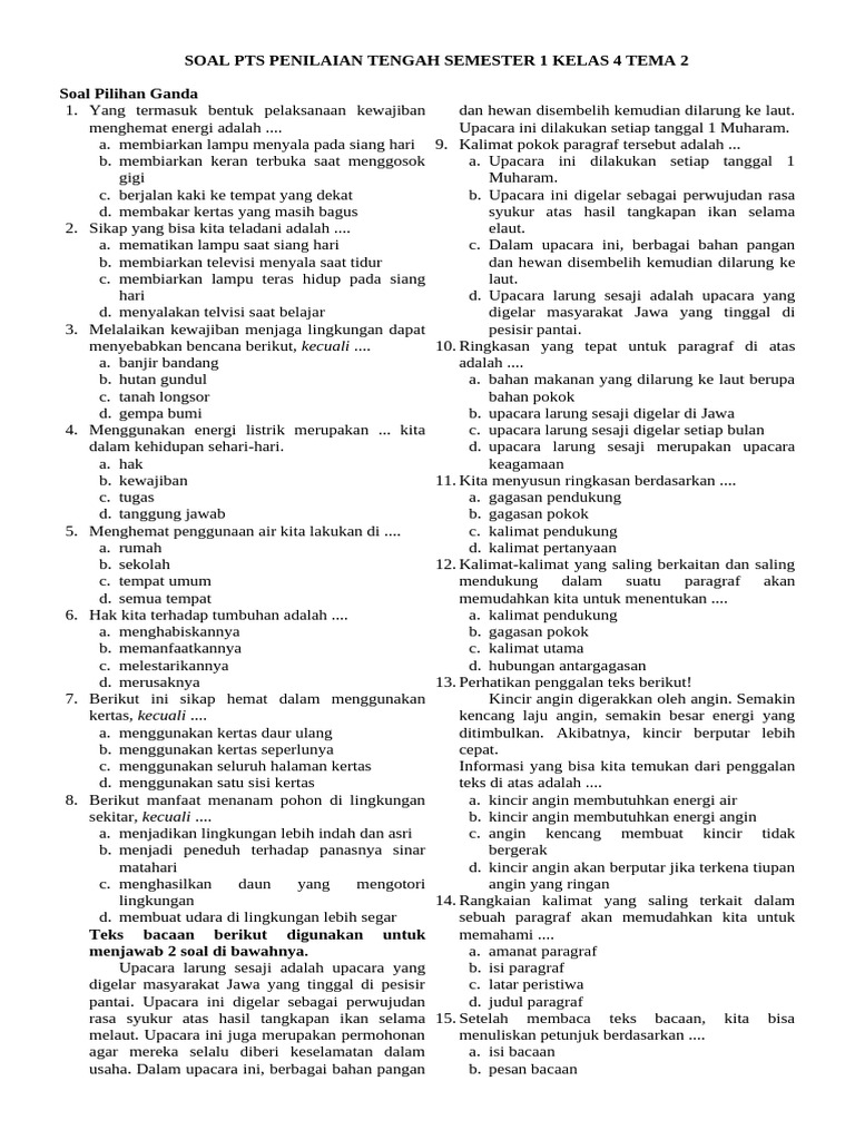 Soal PTS Kelas 4 Tema 2 Semester 1 | PDF