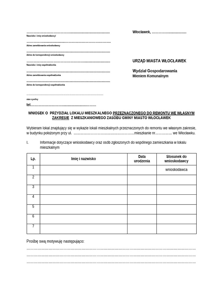 GMK 26 Wniosek o Przydział Mieszkania Do Remontu | PDF