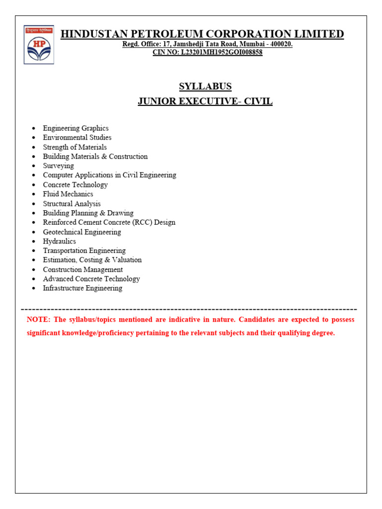 Junior Executive Civil Syllabus Recruitment of Officers and Junior ...