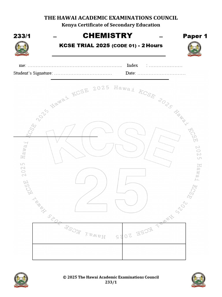 Chem Pp1 Qs Code 01 - Hawai Kcse Trial 2025 | PDF | Molecules | Salt ...