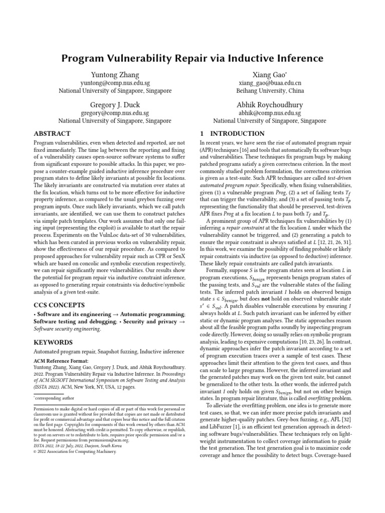 Program Vulnerability Repair Via Inductive Inference | PDF | Pointer (Computer Programming ...