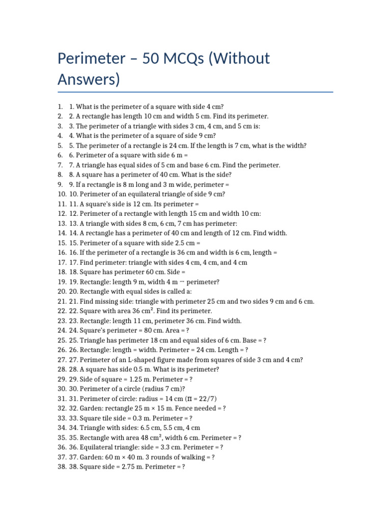 Perimeter 50 MCQ Without Answers | PDF | Area | Geometric Shapes