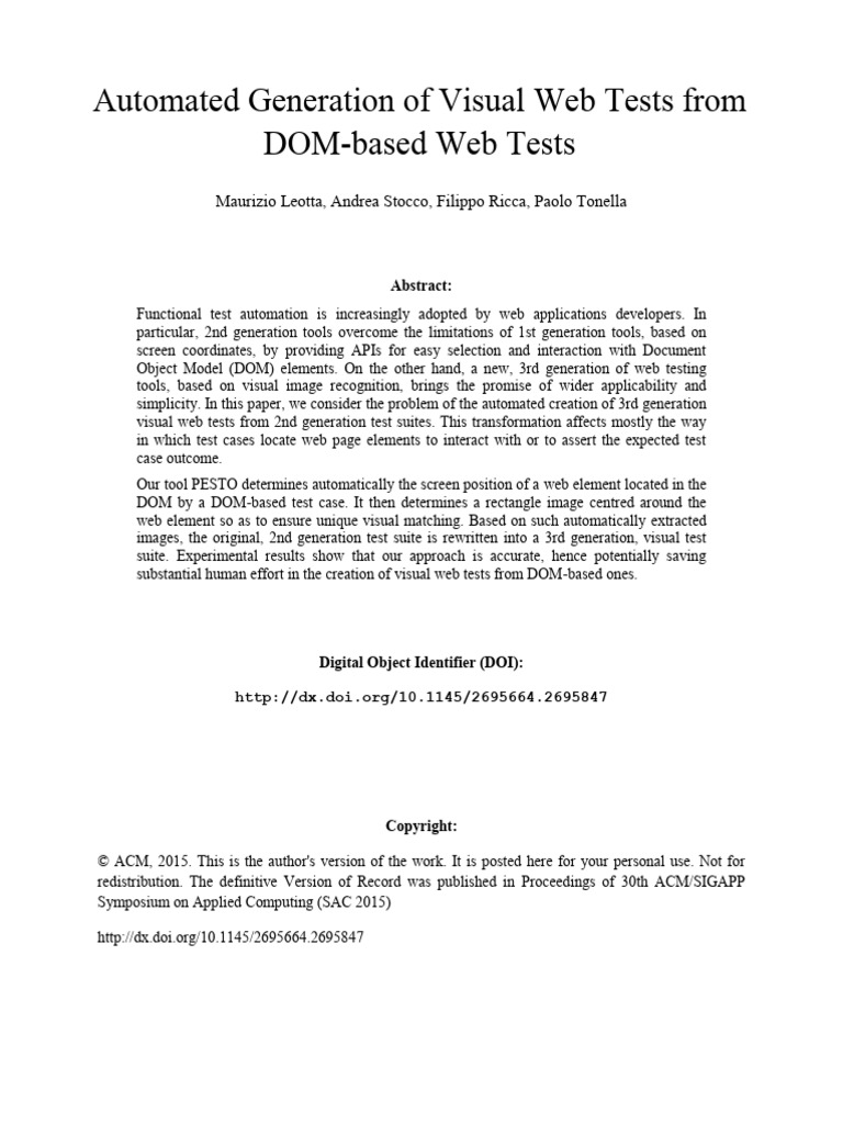 Automated Generation of Visual Web Tests From DOM-based Web Tests | PDF ...
