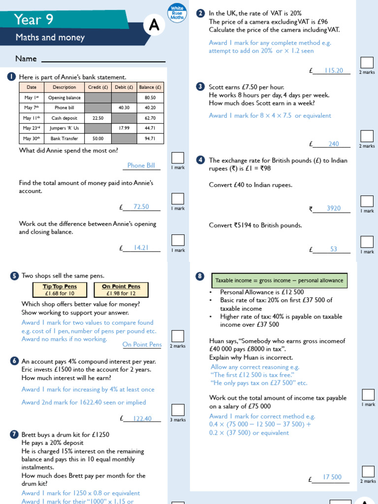 Year 9 Maths: Money Calculations | PDF | Taxes | Interest