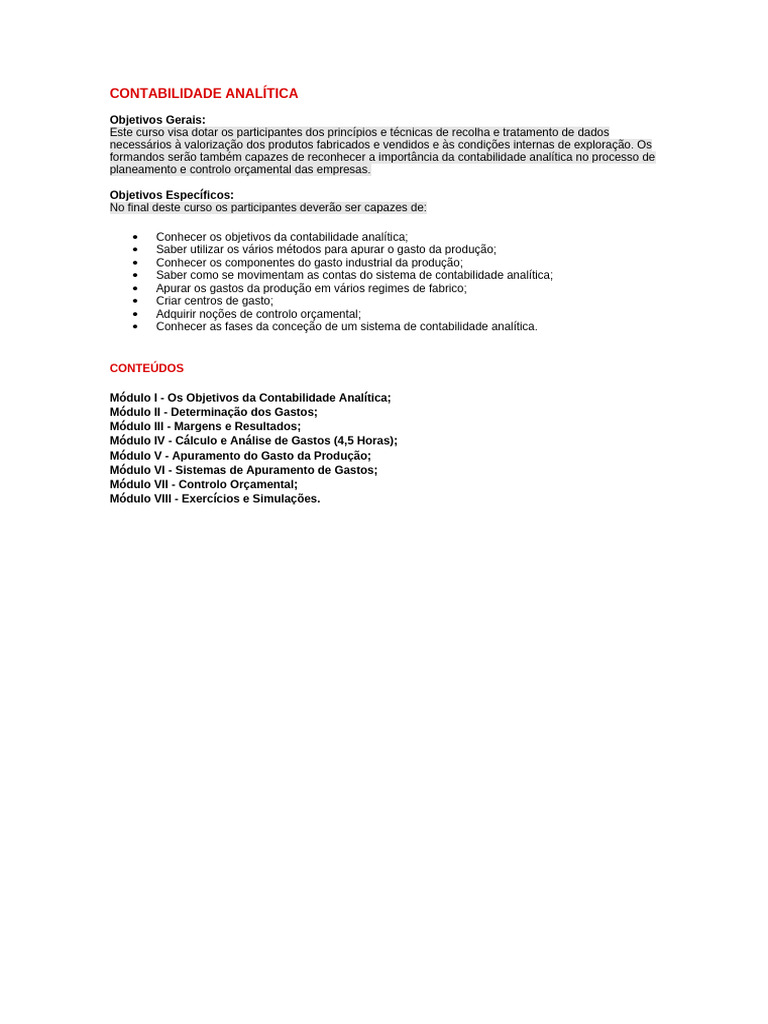 Programa de Contabilidade Analítica | PDF