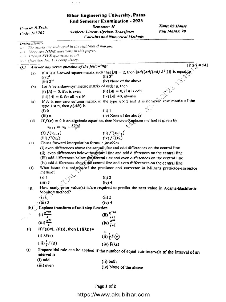 Btech 2 Sem Linear Algebra Transform 103202 2023 | PDF